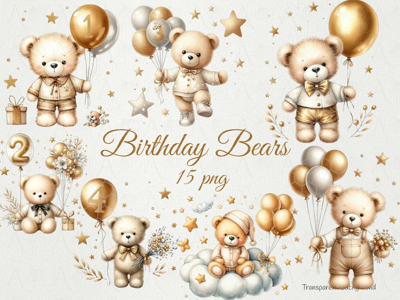 Watercolor Teddy Bear Clipart: Birthday Balloons, Baby Shower (PNG ...