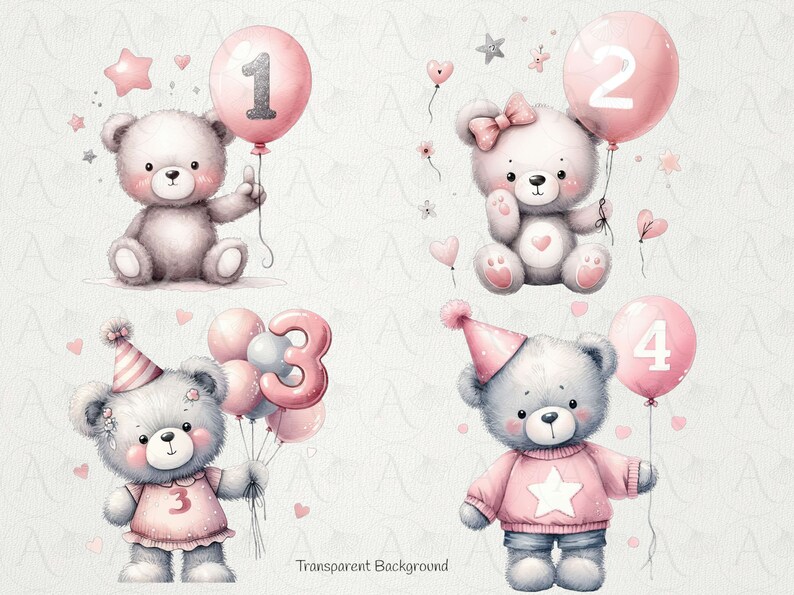 Cute Pink Bear Baby Shower Clipart ,baby Girl Birthday Balloon Bear PNG ...