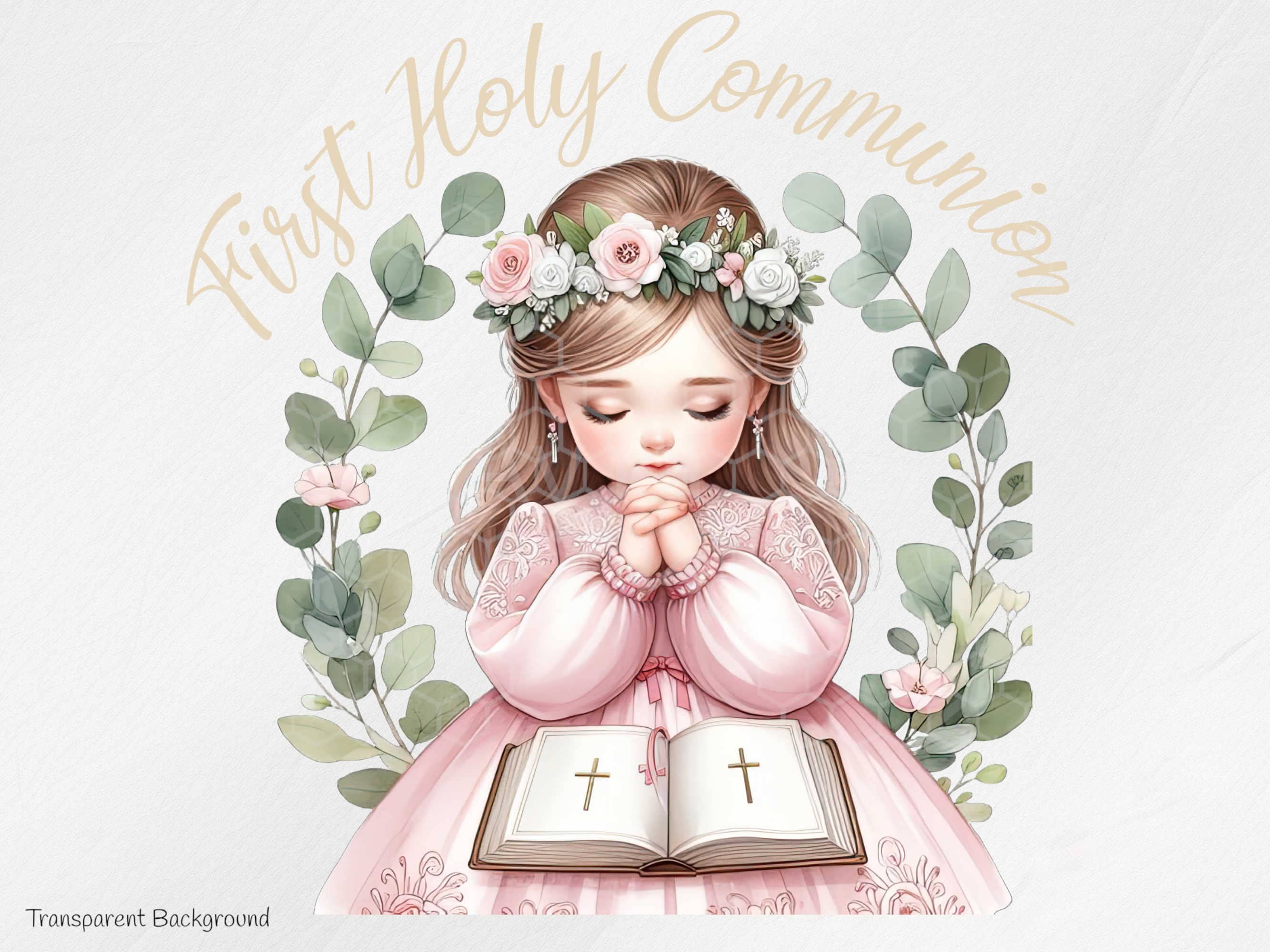 First Holy Communion Girl PNG: Floral Wreath, Bible (digital Download ...