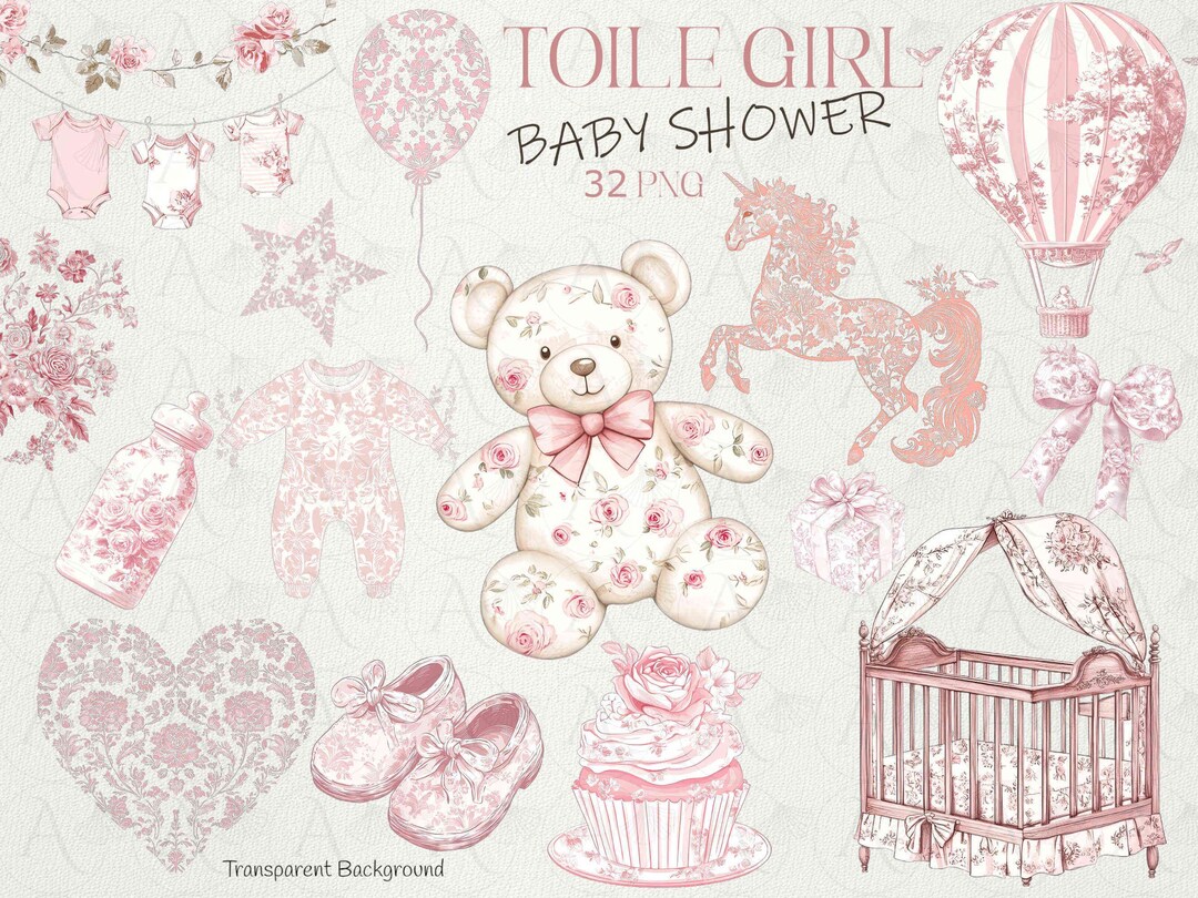 Pink Toile Girl Baby Shower Clipart: Chinoiserie Nursery PNG Set - Etsy