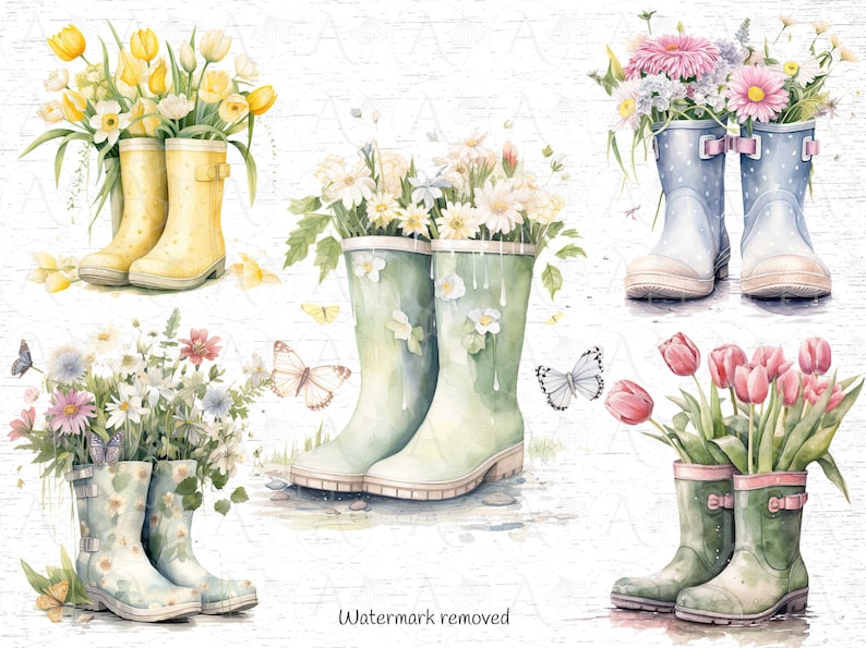 Whimsical Spring Rain Boots Clipart Spring Garden PNG Watercolor ...