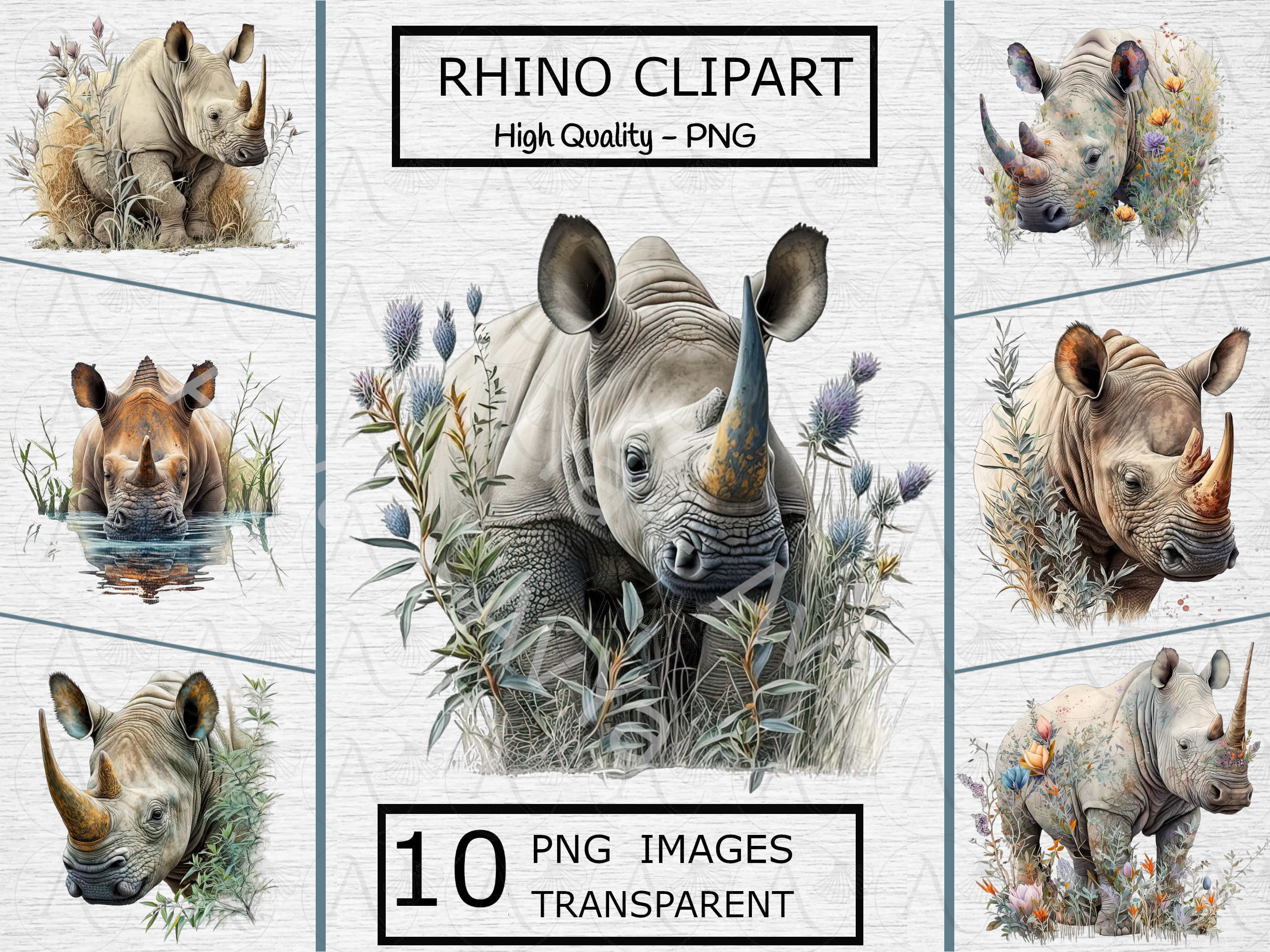 Rhino & Flowers Clipart - 10 PNG Transparent Background for Sublimation ...