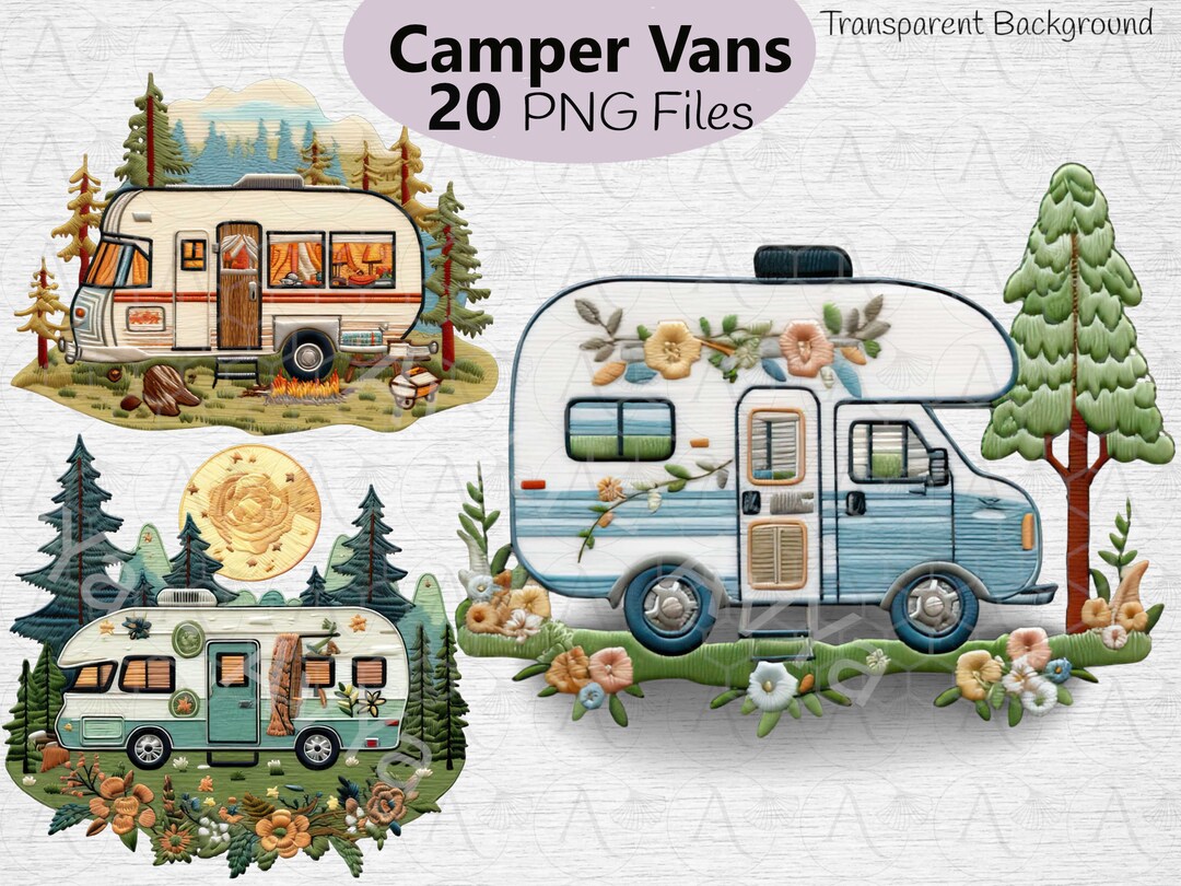 Embroidery Camping Van Clipart: Vintage Camper PNG Bundle (digital ...