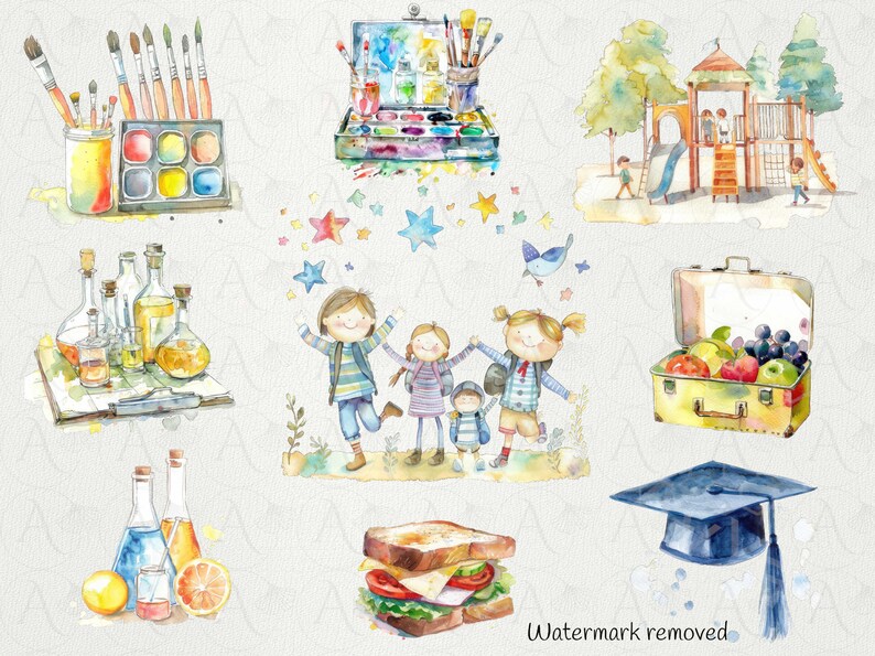 Watercolor School Clipart Set: Back to School Illustrations (digital ...