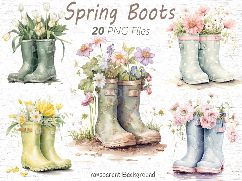 Whimsical Spring Rain Boots Clipart Spring Garden PNG Watercolor ...