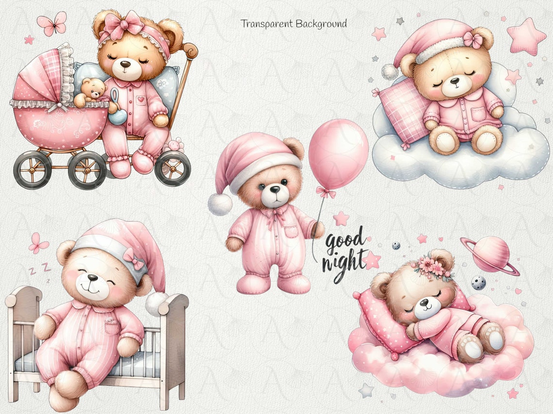 Sleeping Teddy Clipart: Cute Pink Cozy Bera, Baby Shower PNG Bundle ...