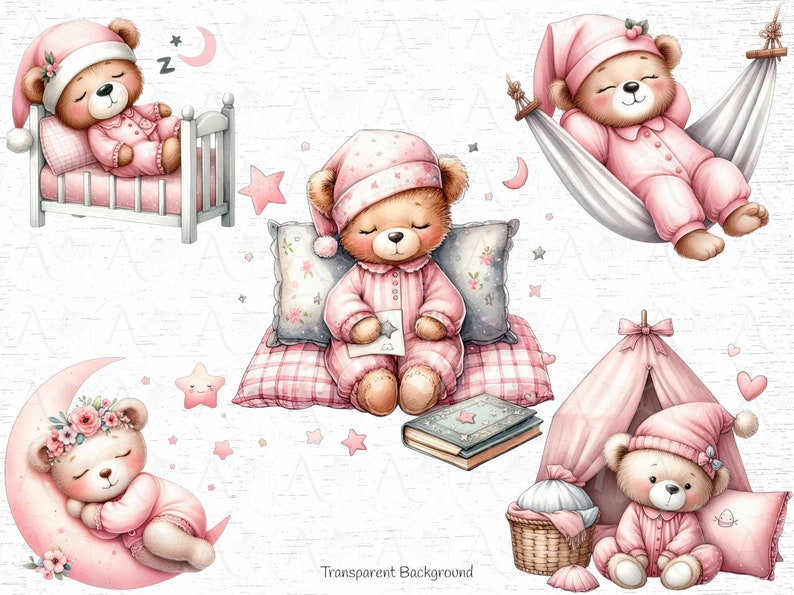 Sleeping Teddy Clipart: Cute Pink Cozy Bera, Baby Shower PNG Bundle ...