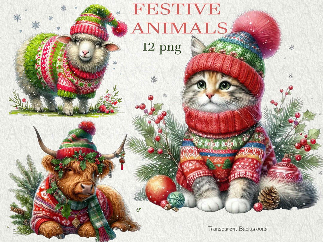 Christmas Animals PNG Clipart Bundle, Festive Animals , Christmas Cat ...