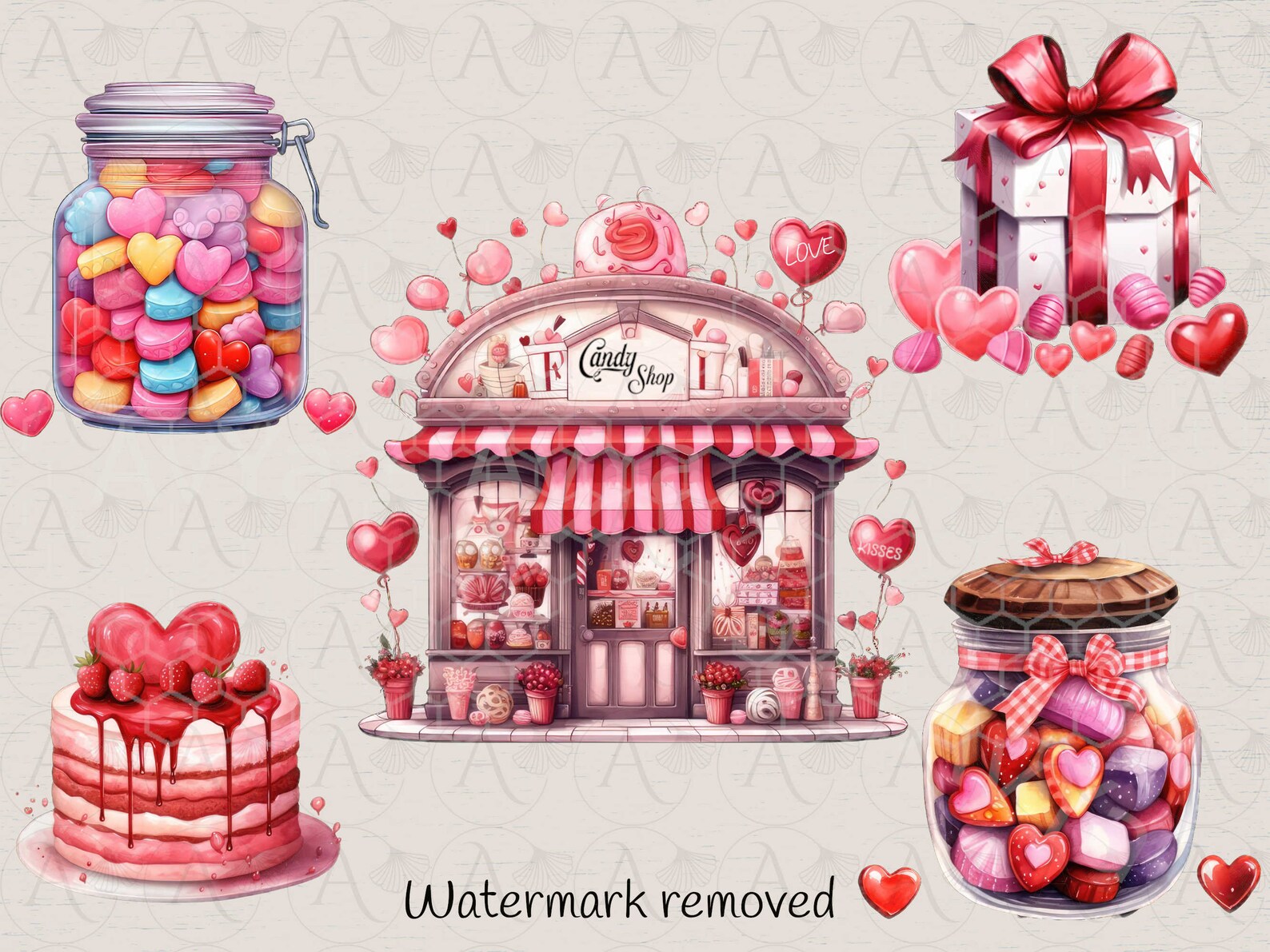 Valentine Candy Shop Clipart, Watercolor Valentines Day Clipart Set ...