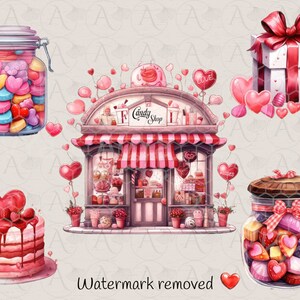 Valentine Candy Shop Clipart, Watercolor Valentines Day Clipart Set ...