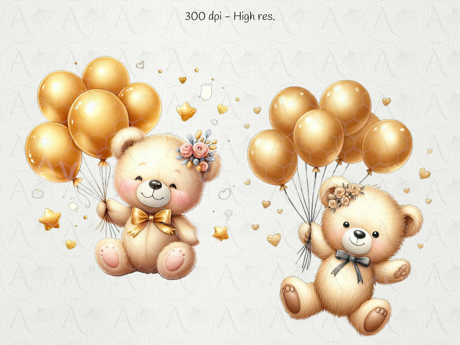 Watercolor Teddy Bear Clipart: Birthday Balloons, Baby Shower (PNG ...