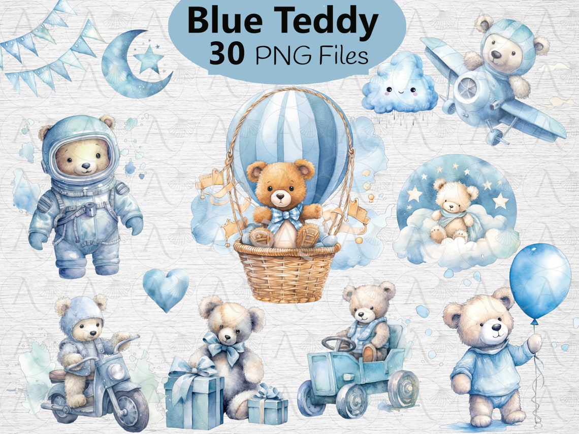 Blue Teddy Bear Clipart: Baby Shower PNG Bundle (digital Download) - Etsy