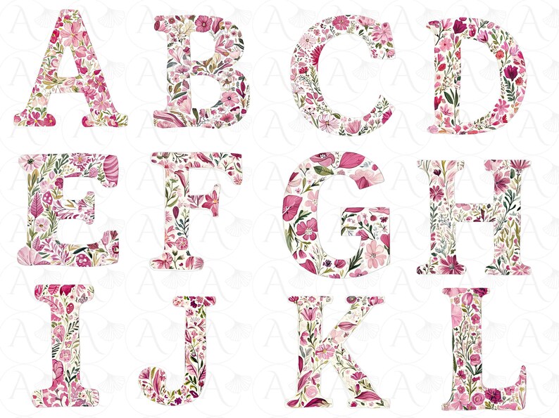 Floral Alphabet Clipart: Pink Flower Letters & Numbers (PNG Digital ...
