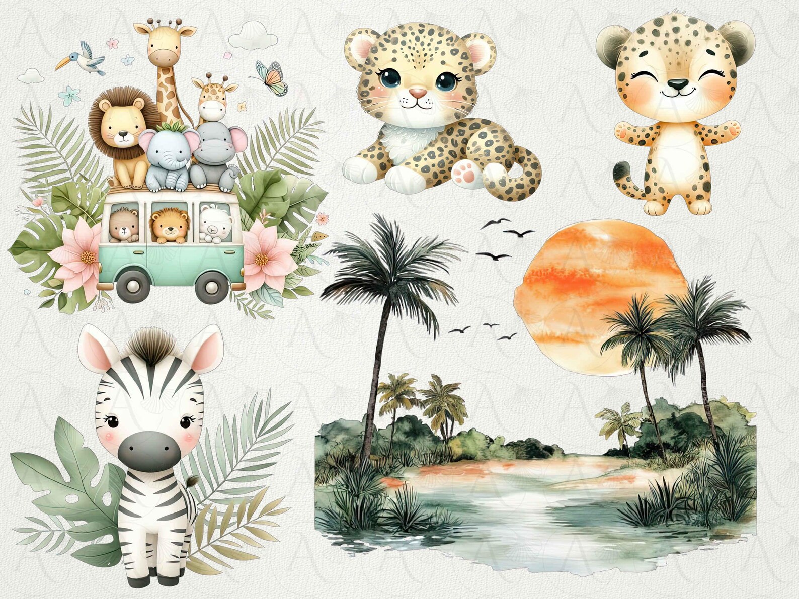 Watercolor Safari Animals Clipart: Jungle Baby Shower PNG (digital ...