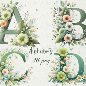 Floral Greenery Alphabet Clipart Set 26 PNG Perfect for Baby Milestones ...