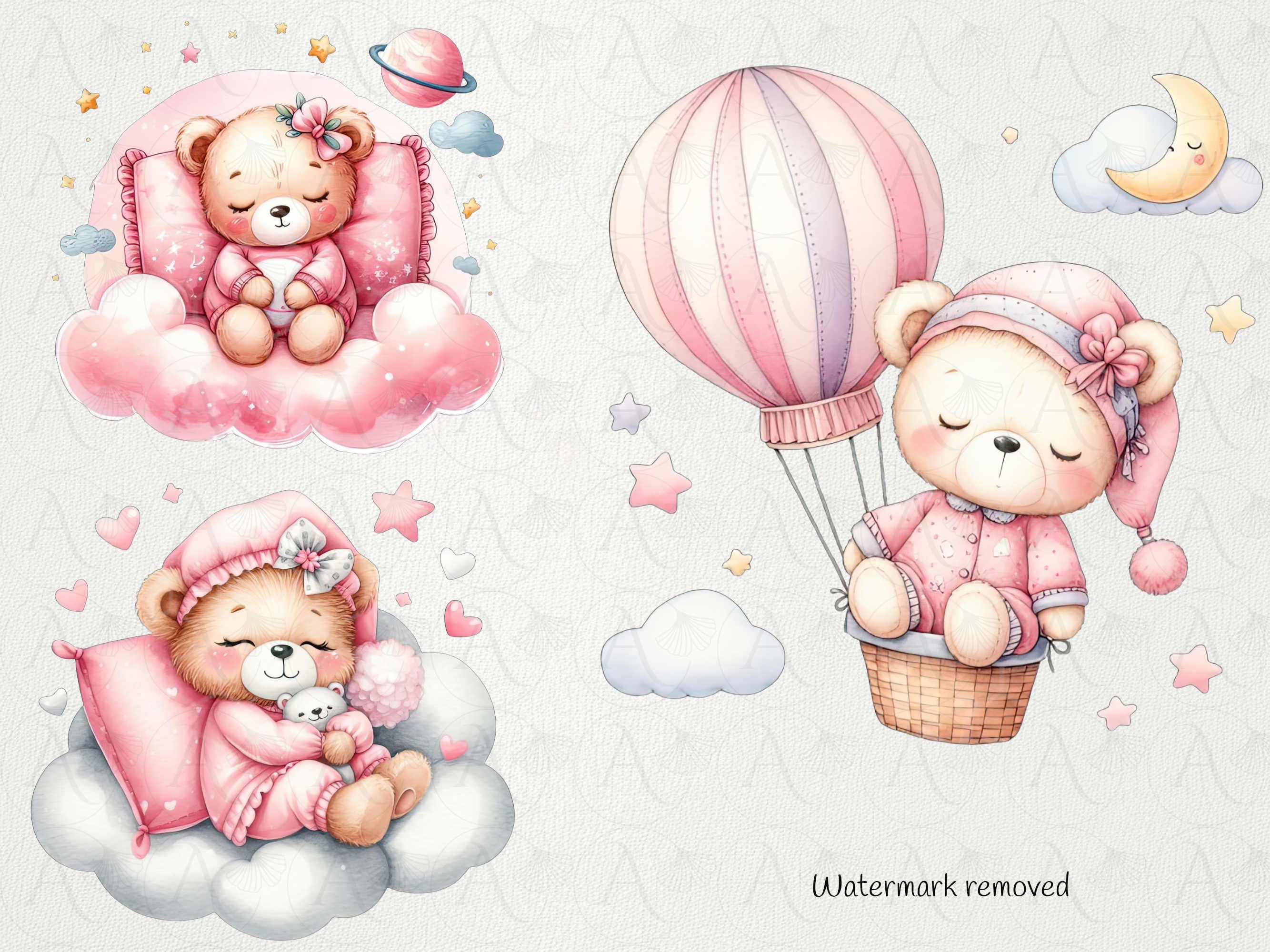 Sleeping Teddy Clipart: Cute Pink Cozy Bera, Baby Shower PNG Bundle ...