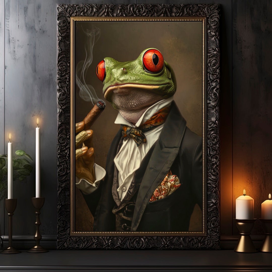 Frog Smoking Cigar, Victorian Style Animal Portrait Painting, Quirky ...