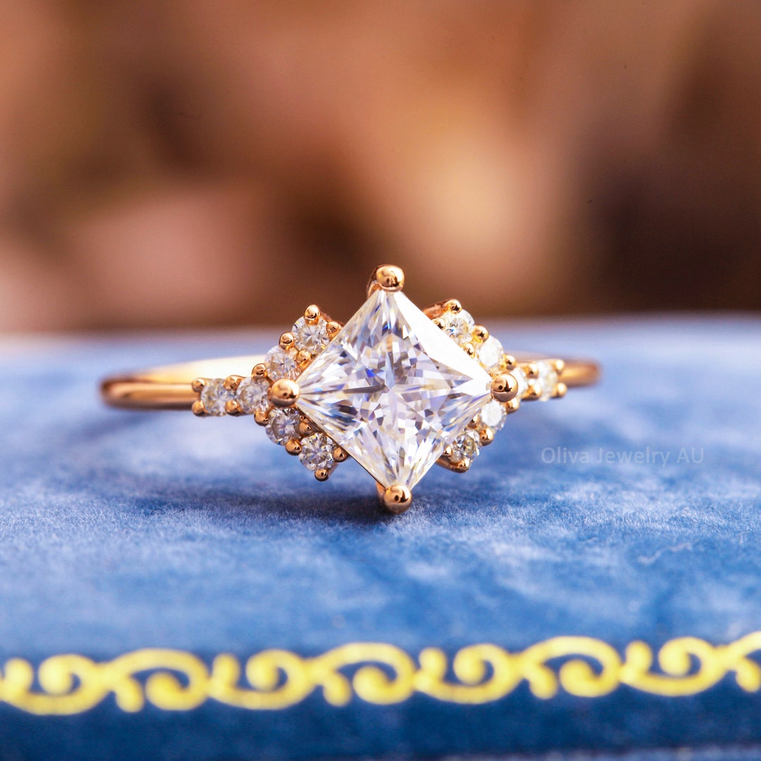 Princess Cut Moissanite Engagement Ring Vintage Rose Gold Unique ...