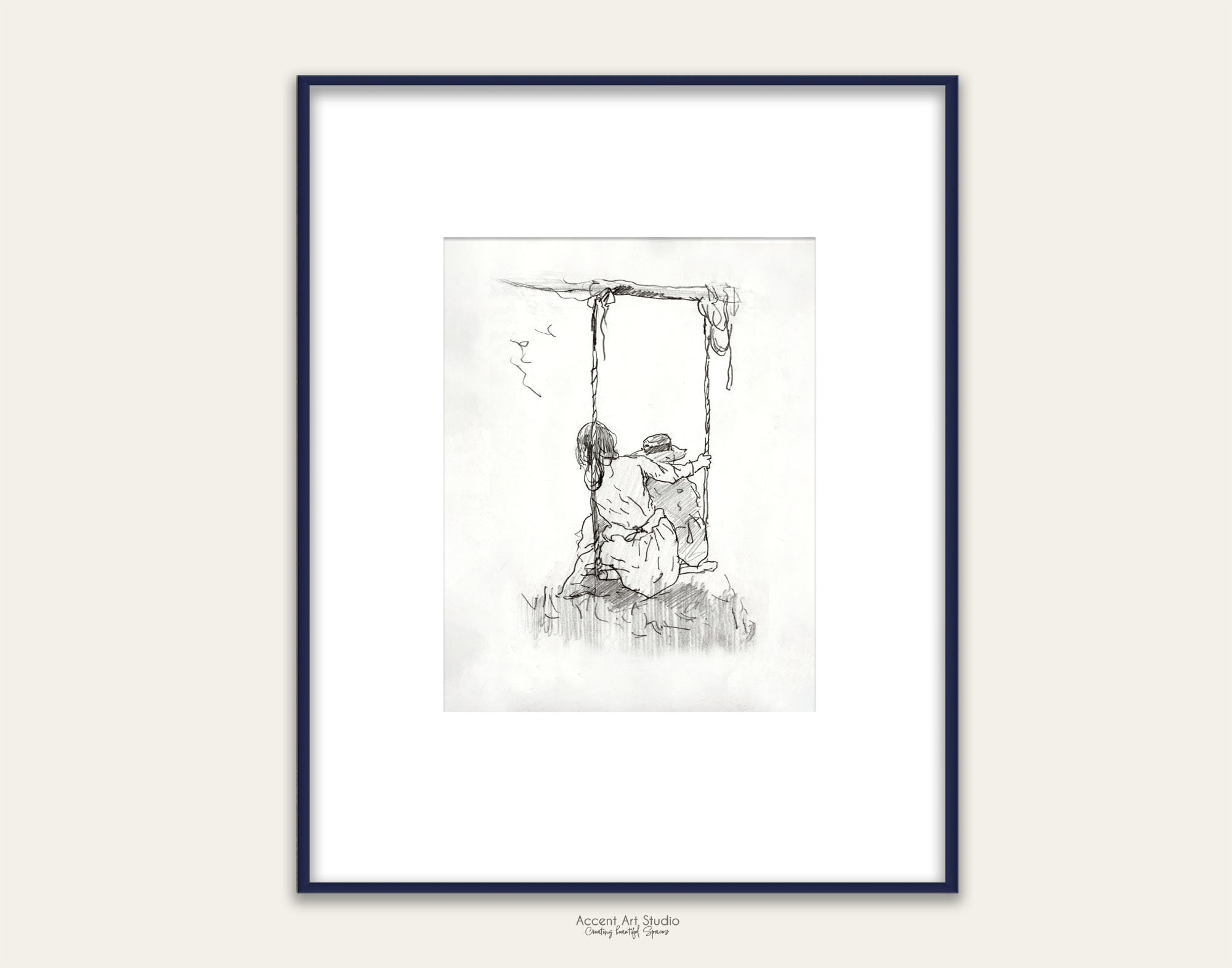 Rustic Tree Swing Sketch Wall Art/ Girls Swinging Drawing/summer ...