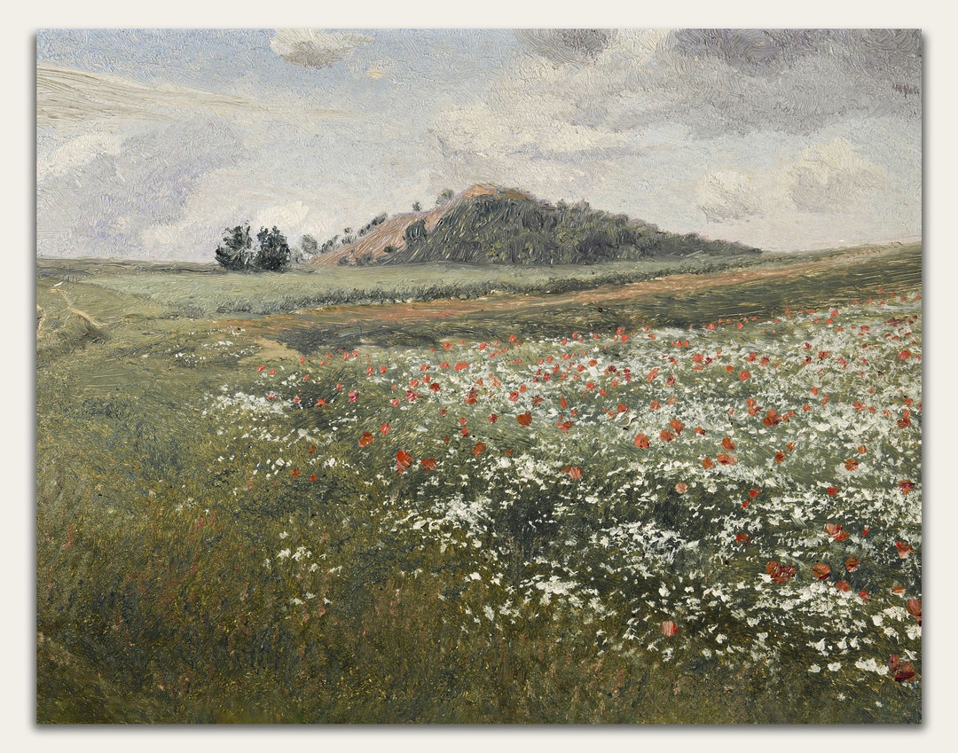 Vintage Meadow in Summer Antique Painting/ Country Hillside Covered ...