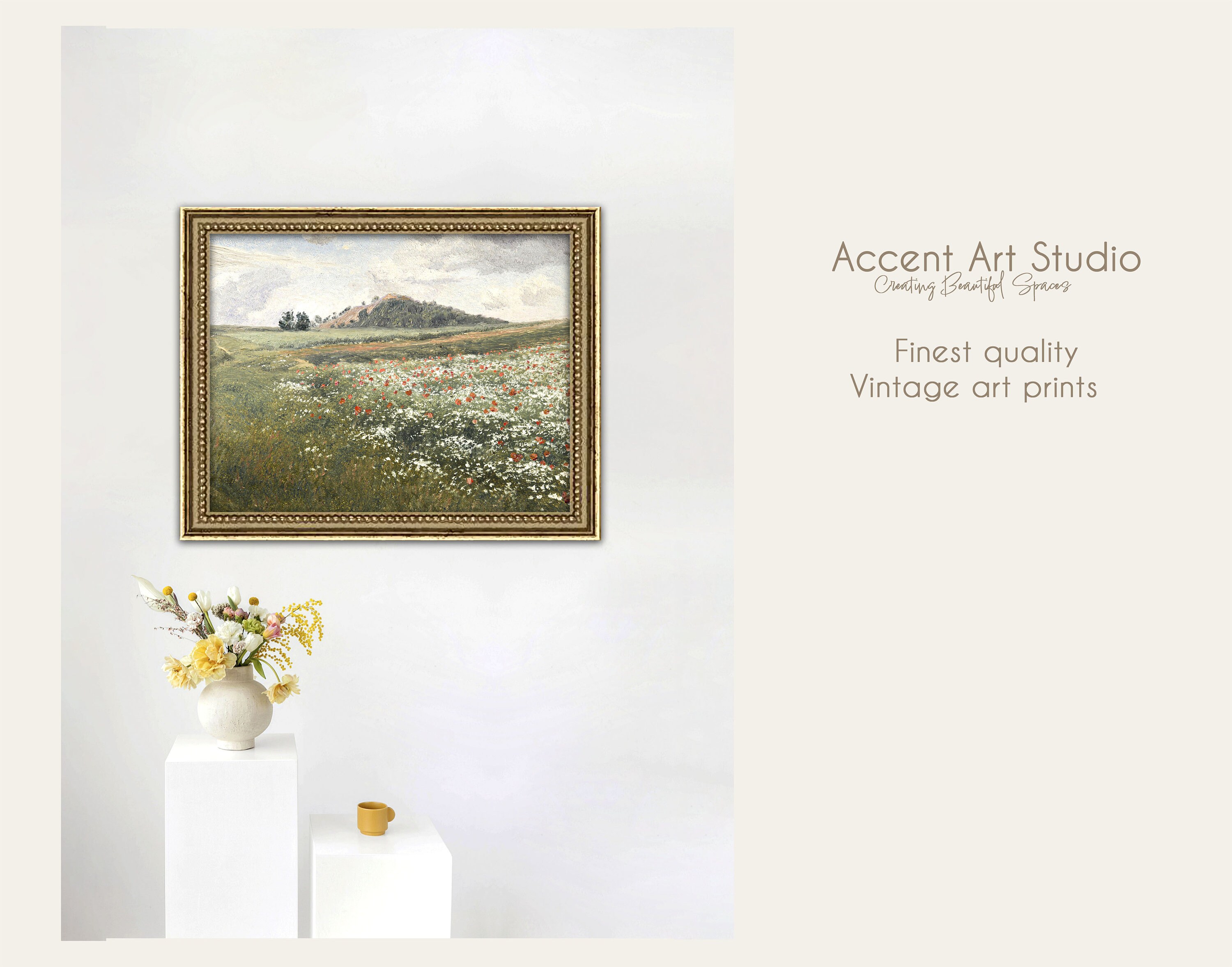 Vintage Meadow in Summer Antique Painting/ Country Hillside Covered ...