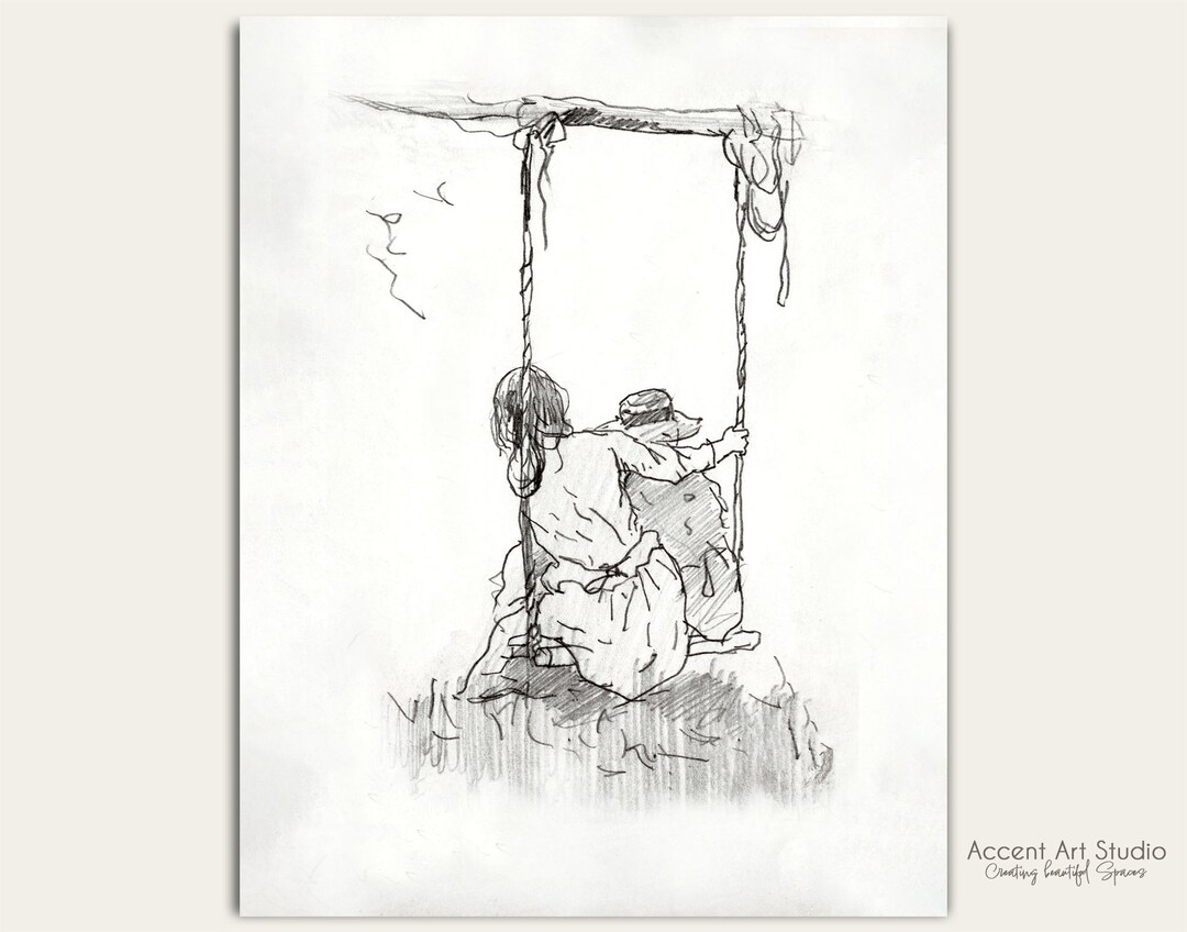 Rustic Tree Swing Sketch Wall Art/ Girls Swinging Drawing/summer ...