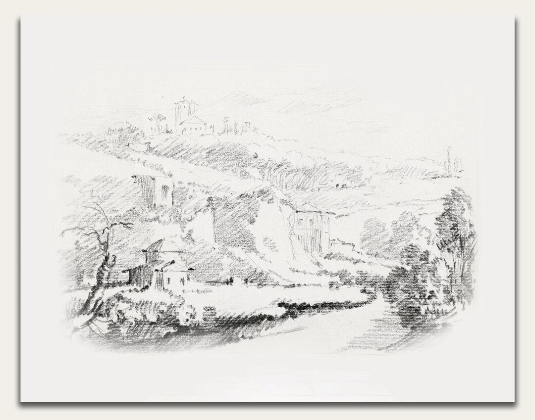 Antique Sketch Italian Village/ Vintage Landscape of Hillside Cottages ...