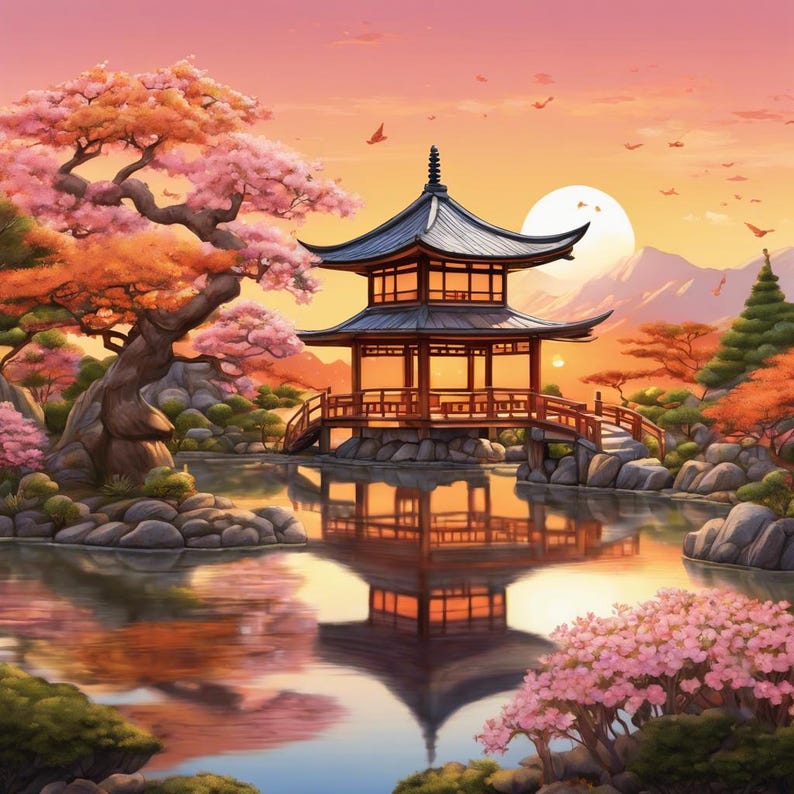 Japanese Temple at Sunset - Etsy