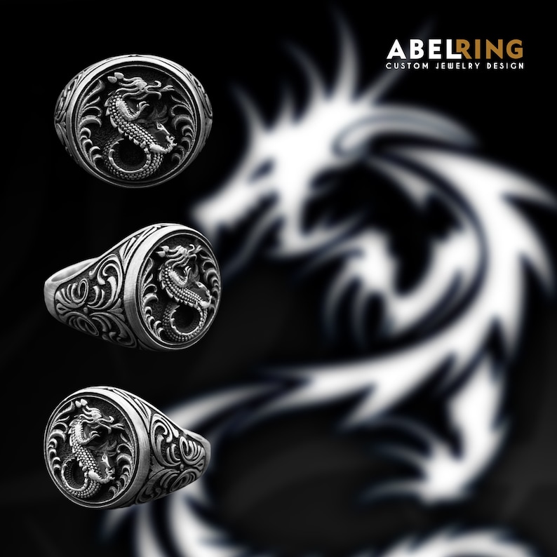 Chinese Dragon Mens Signet Silver Ring for Men's, Engraved Gothic Ring ...