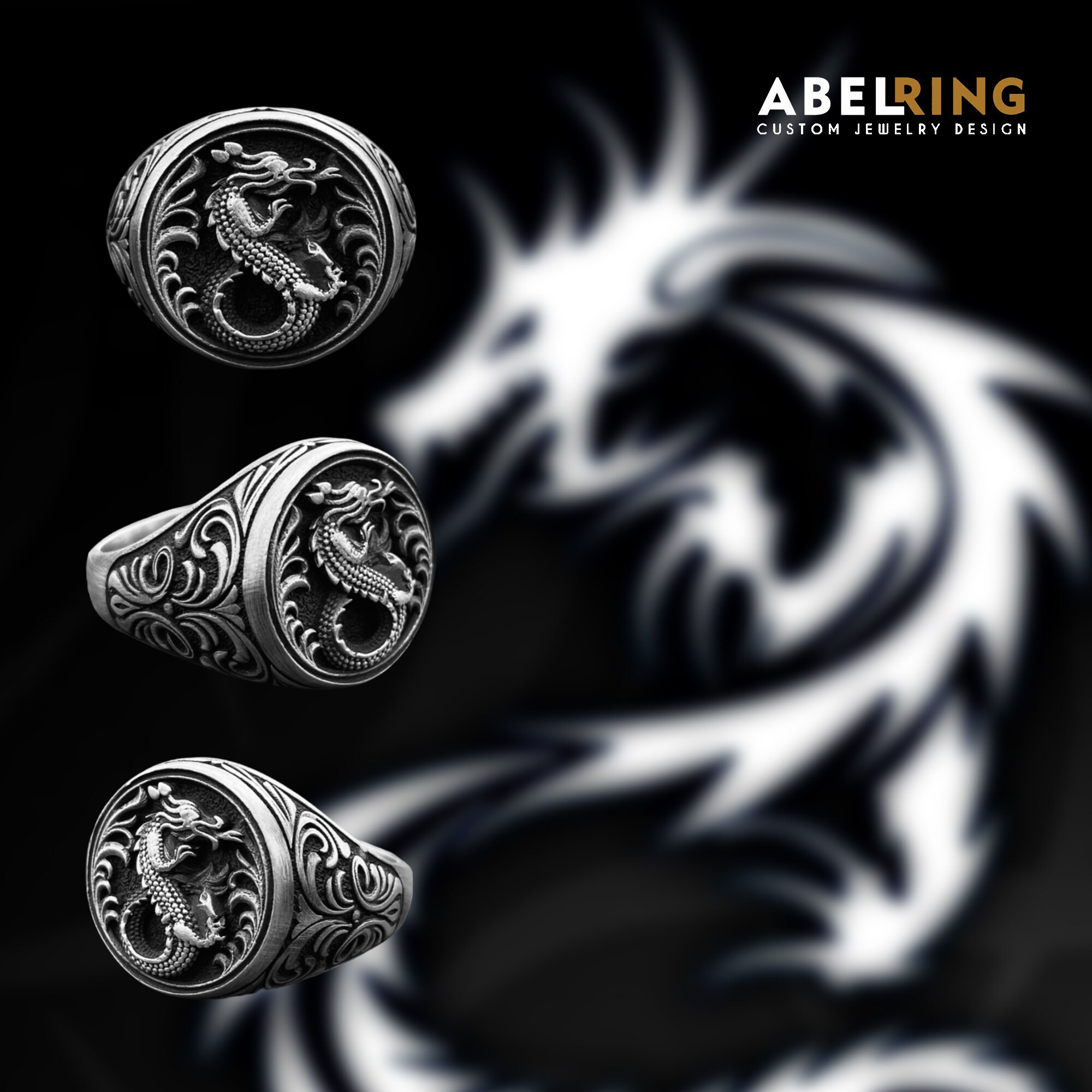 Chinese Dragon Mens Signet Silver Ring for Men's, Engraved Gothic Ring ...