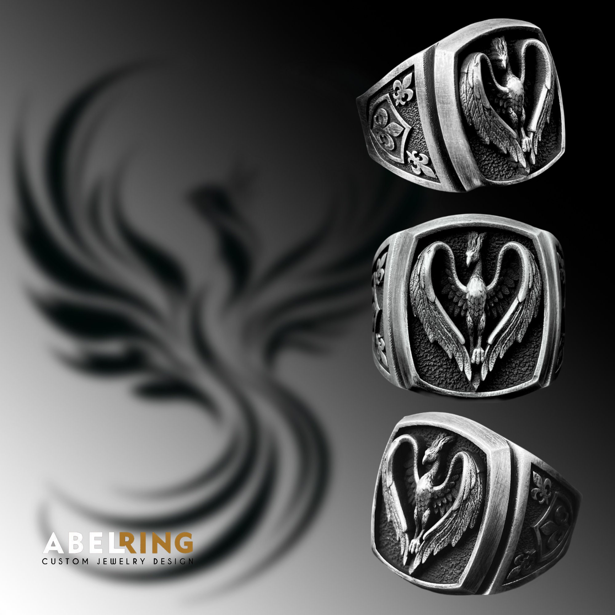 Winged Phoenix Square Sealed Silver Rings for Men, Silver Phoenix Bird ...
