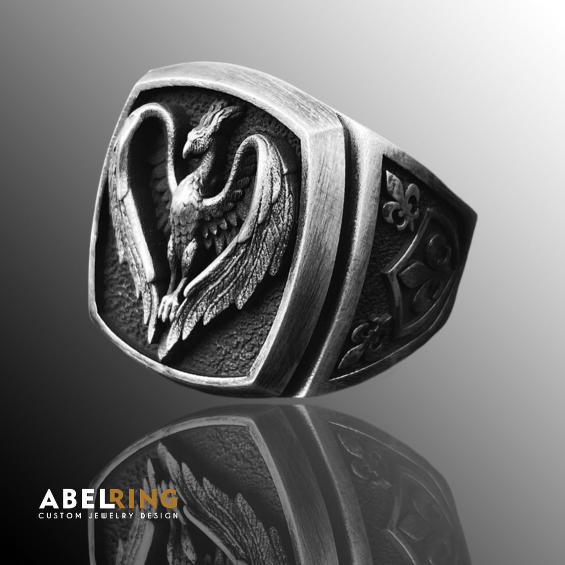 Winged Phoenix Square Sealed Silver Rings for Men, Silver Phoenix Bird ...