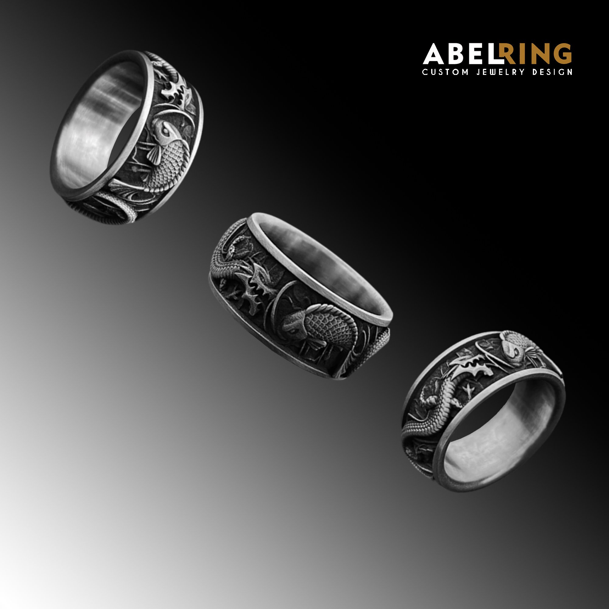 Japanese Dragon Koi Fish Sterling Silver Wedding Ring for Men, Carp Koi ...