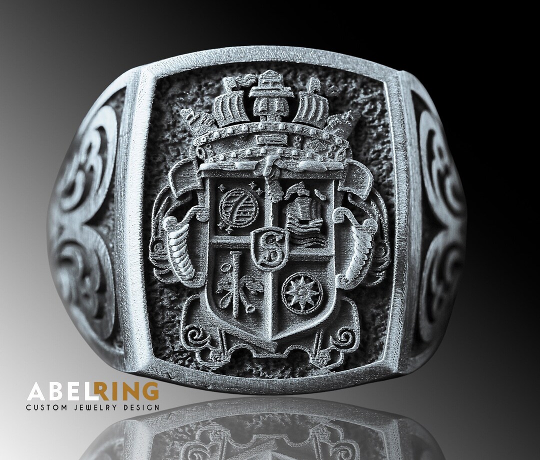 Personalized Silver Signet Custom Crest Ring, Unique Men's Family Crest ...