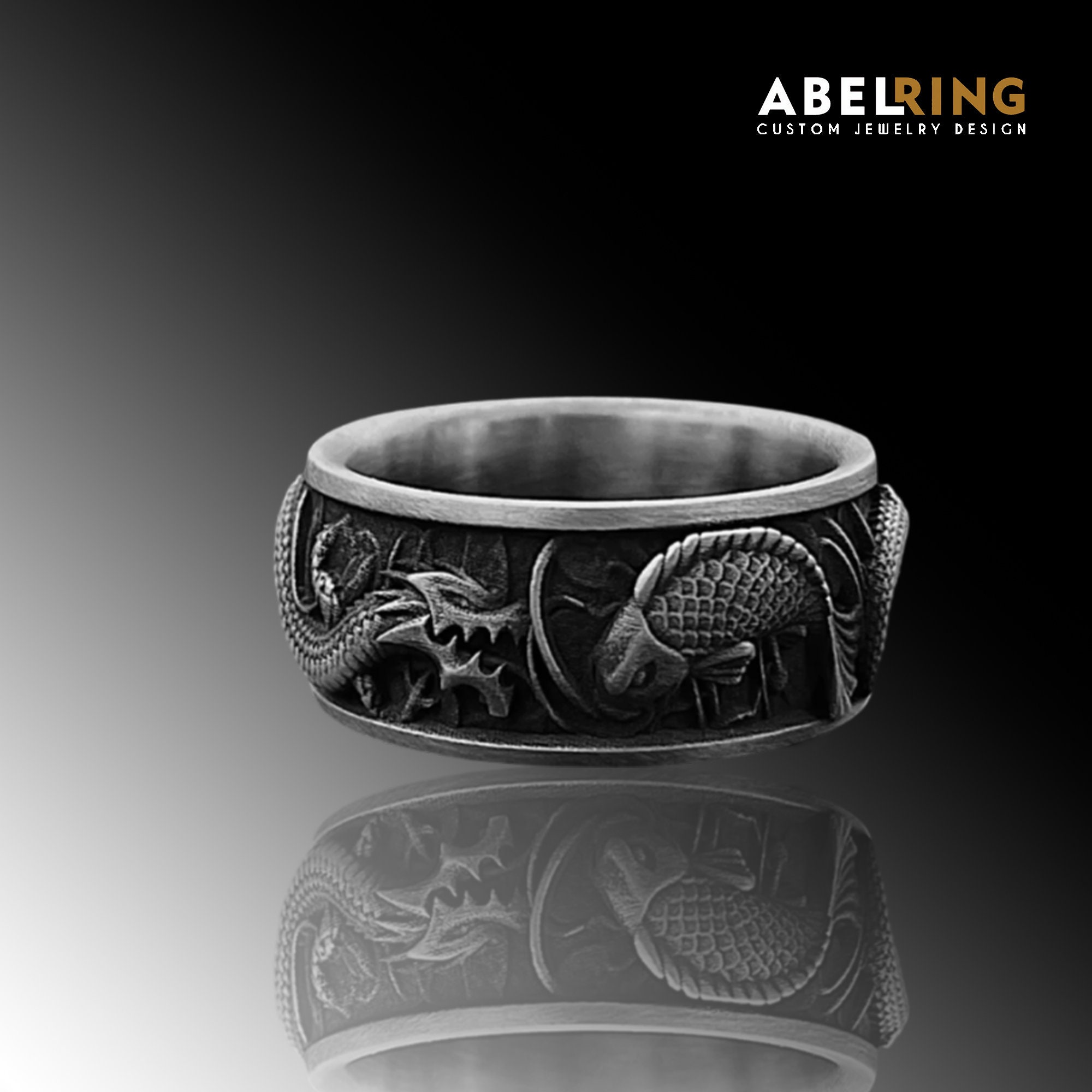 Japanese Dragon Koi Fish Sterling Silver Wedding Ring for Men, Carp Koi ...