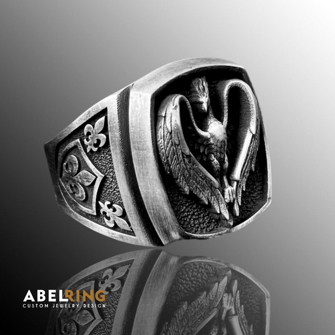 Winged Phoenix Square Sealed Silver Rings for Men, Silver Phoenix Bird ...