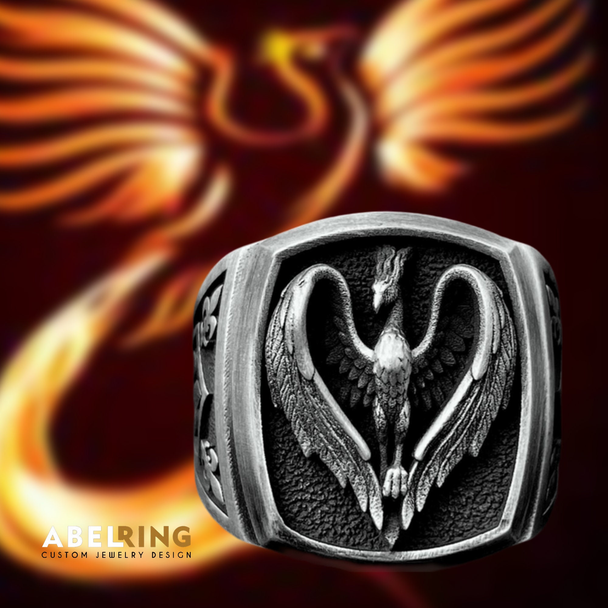 Winged Phoenix Square Sealed Silver Rings for Men, Silver Phoenix Bird ...