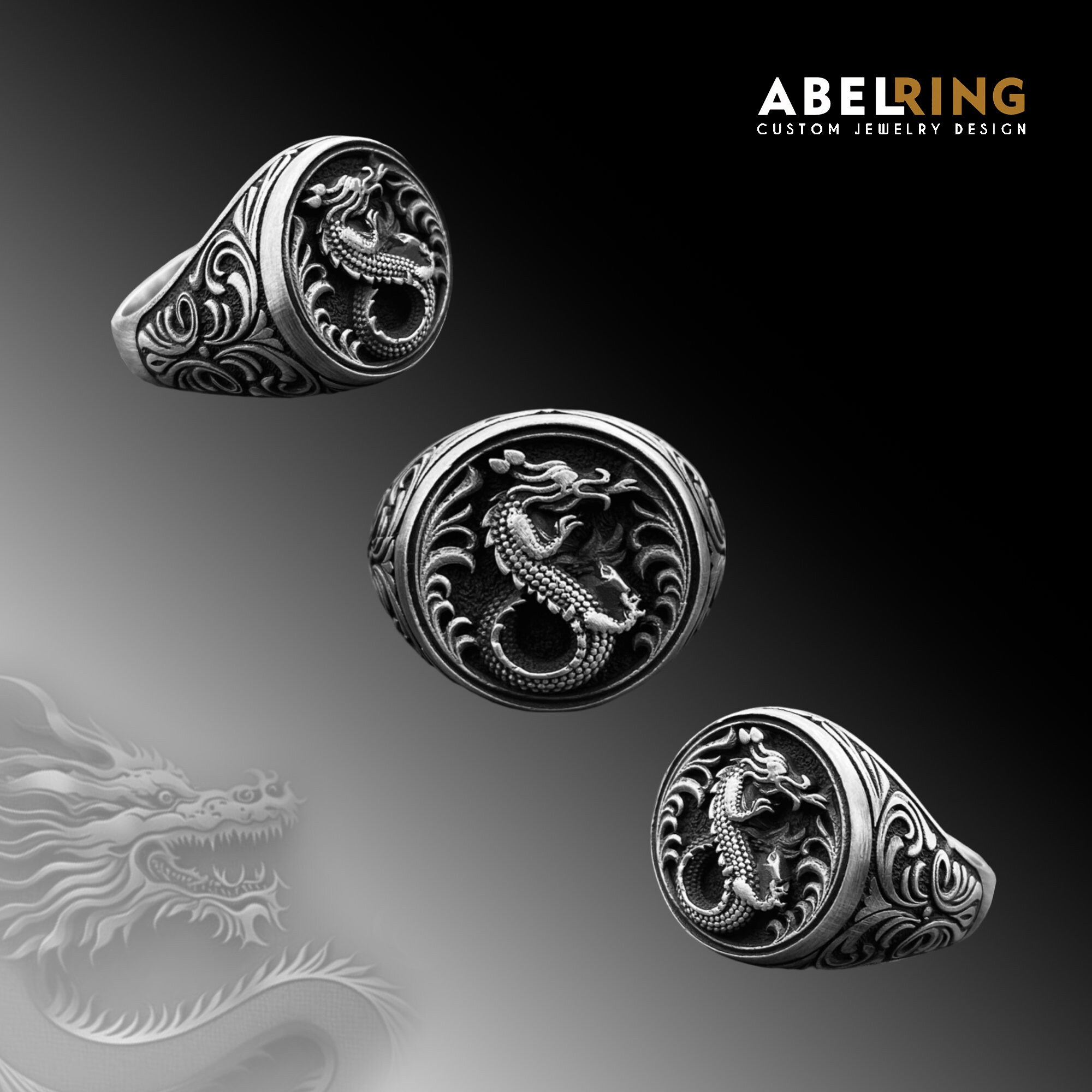 Chinese Dragon Mens Signet Silver Ring for Men's, Engraved Gothic Ring ...