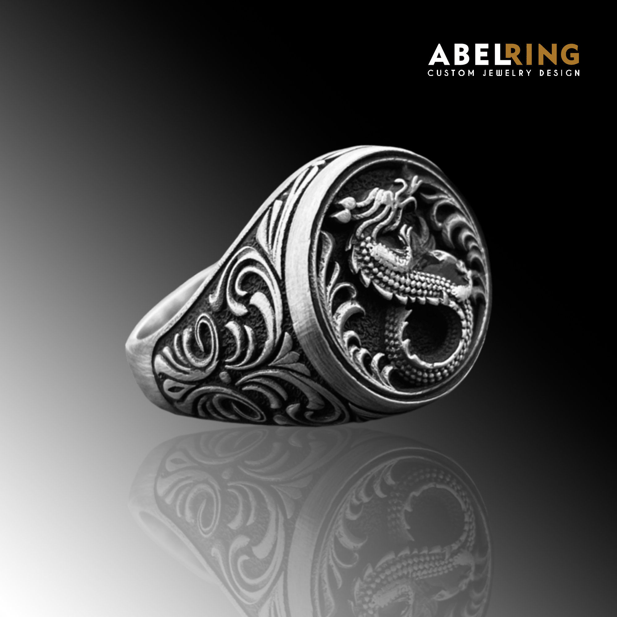 Chinese Dragon Mens Signet Silver Ring for Men's, Engraved Gothic Ring ...