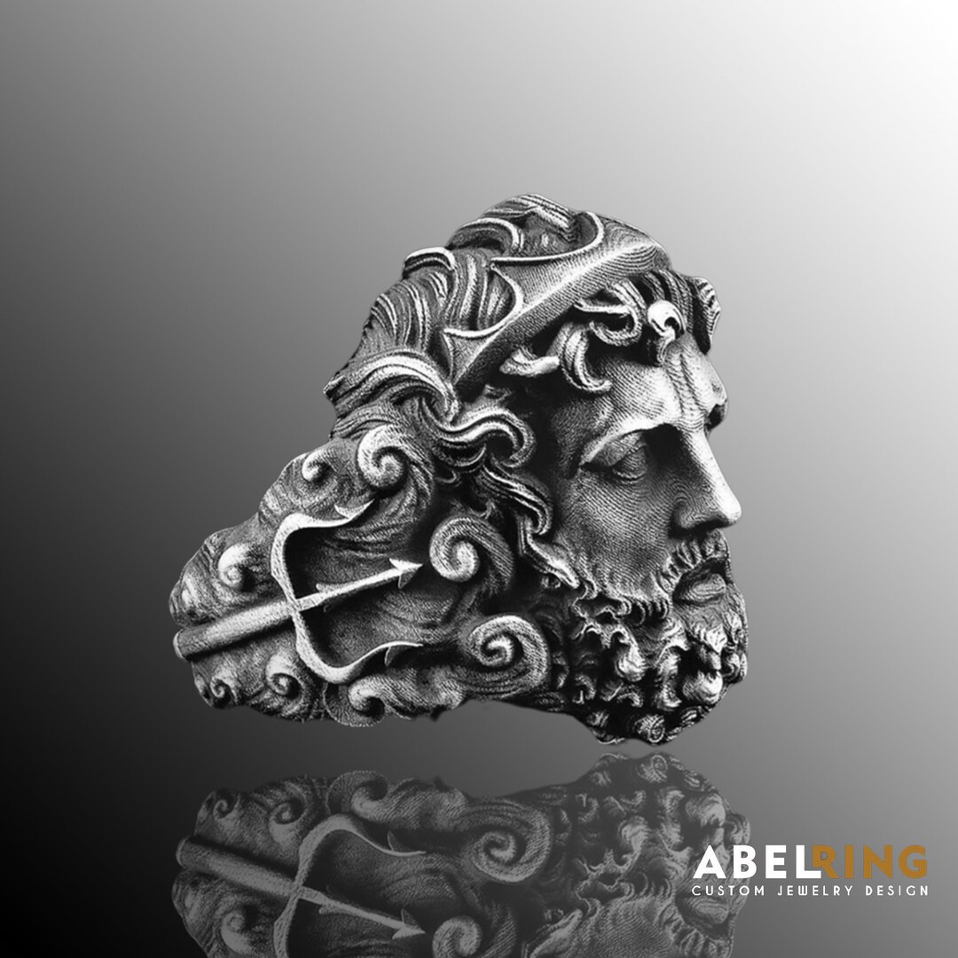 Poseidon God of the Sea Handmade Silver Men Charm Ring, Ancient Greek ...