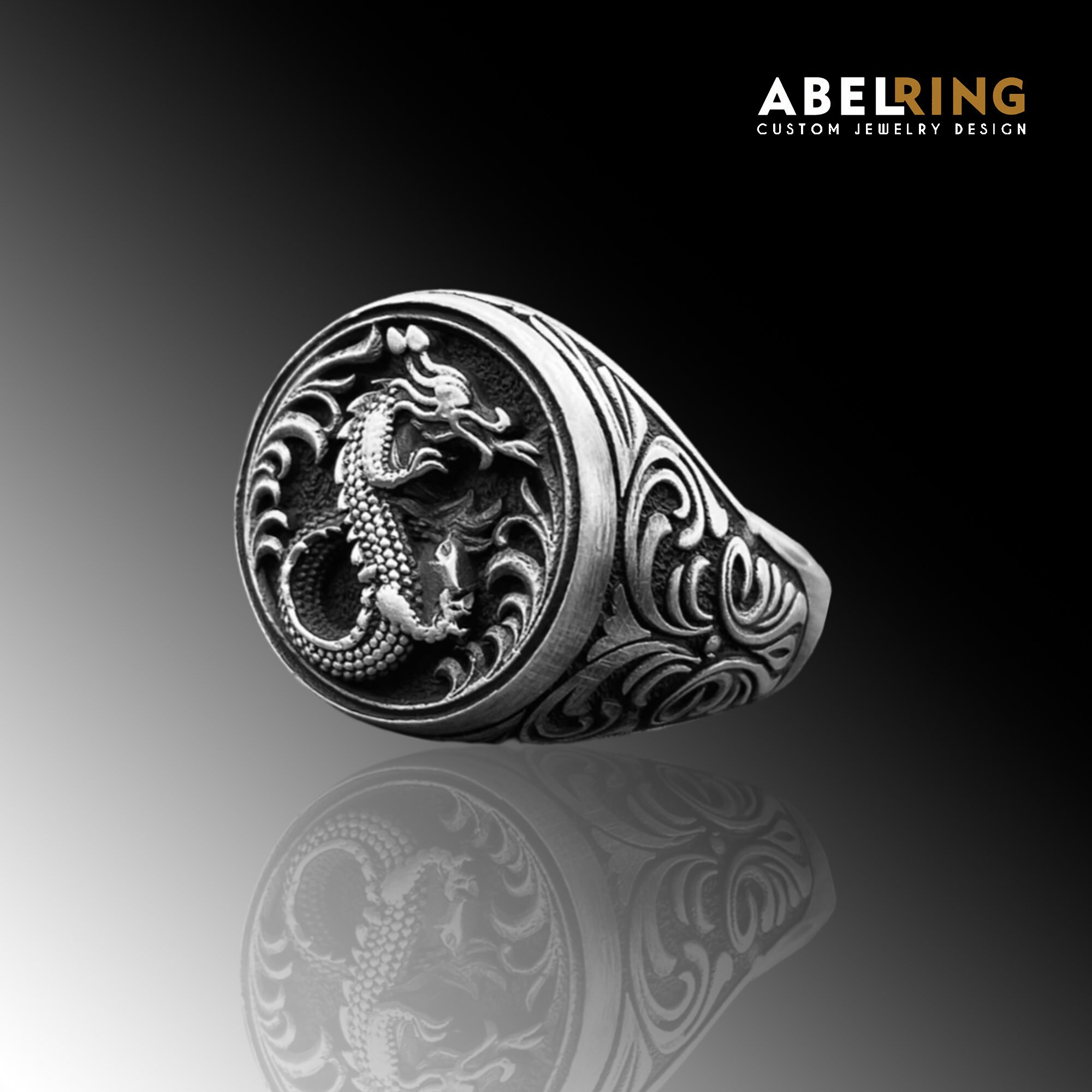 Chinese Dragon Mens Signet Silver Ring for Men's, Engraved Gothic Ring ...