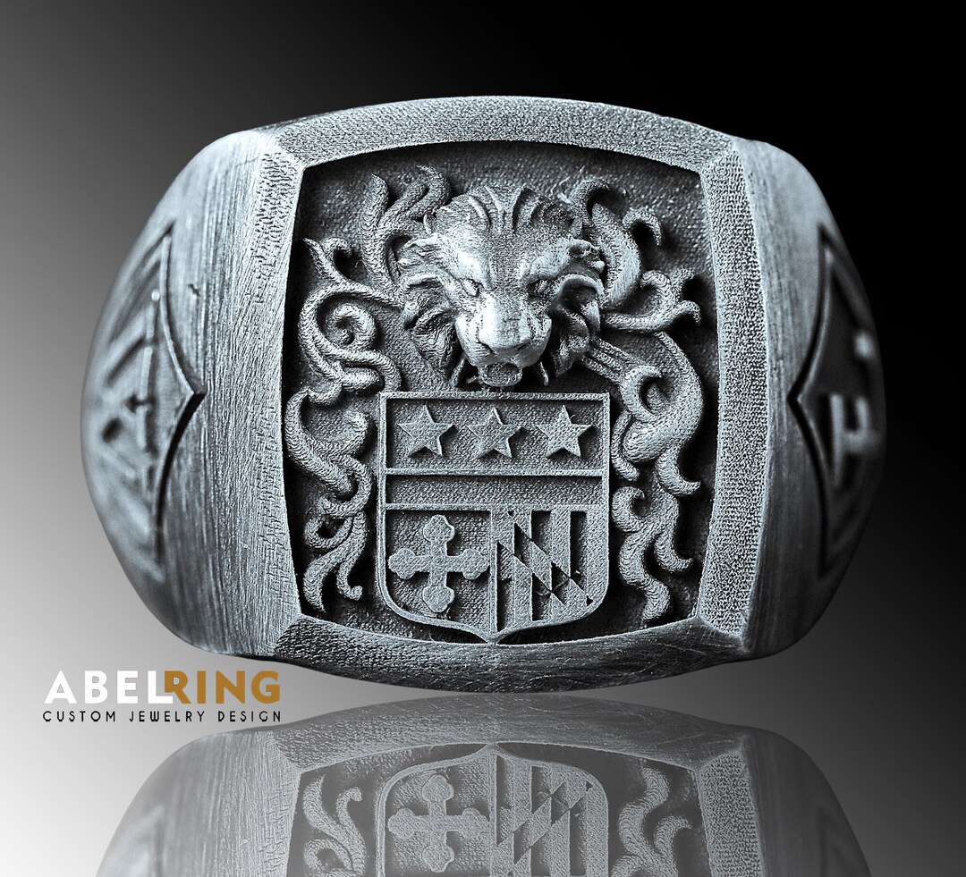 Personalized Silver Signet Custom Crest Ring, Unique Men's Family Crest ...