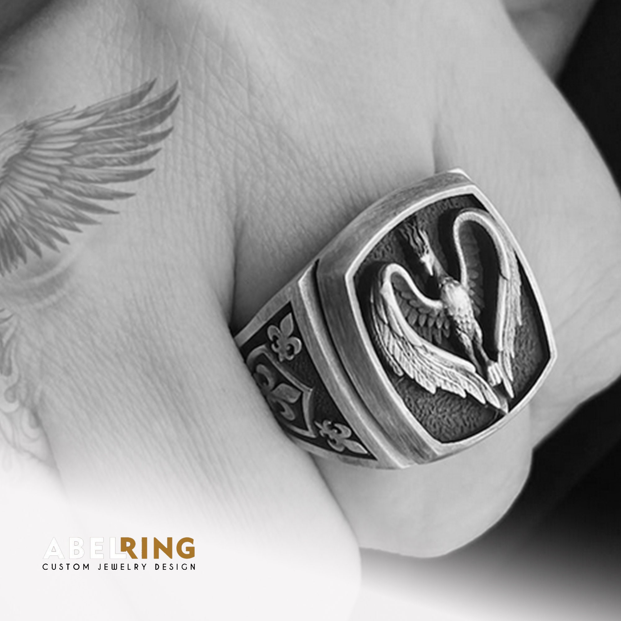 Winged Phoenix Square Sealed Silver Rings for Men, Silver Phoenix Bird ...