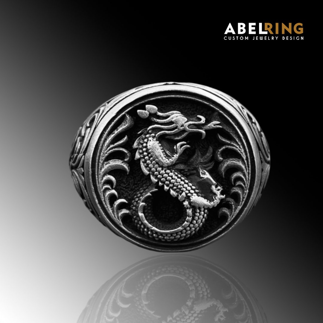 Chinese Dragon Mens Signet Silver Ring for Men's, Engraved Gothic Ring ...
