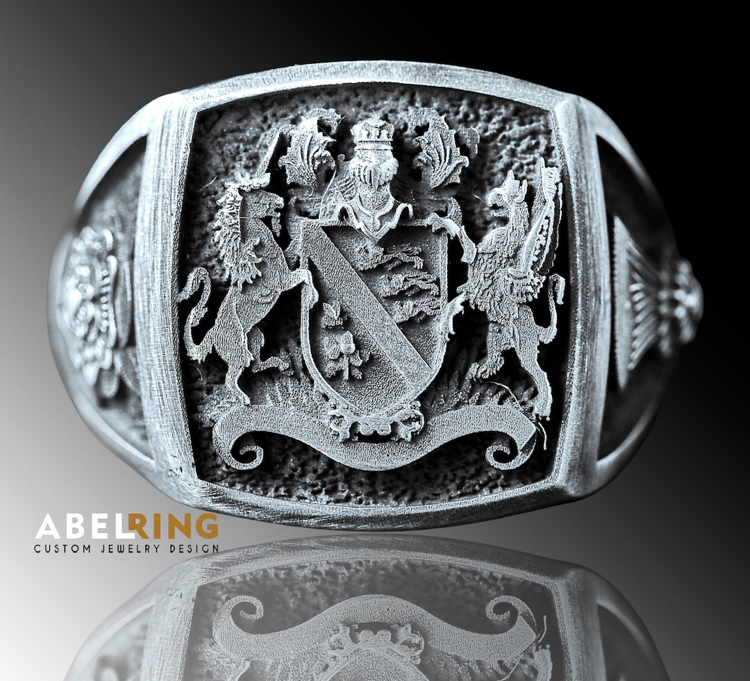 Personalized Silver Signet Custom Crest Ring, Unique Men's Family Crest ...