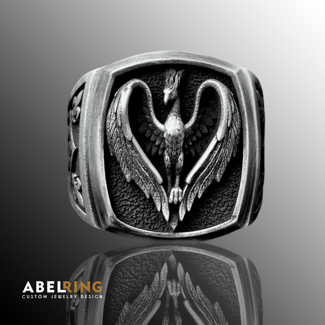 Winged Phoenix Square Sealed Silver Rings for Men, Silver Phoenix Bird ...