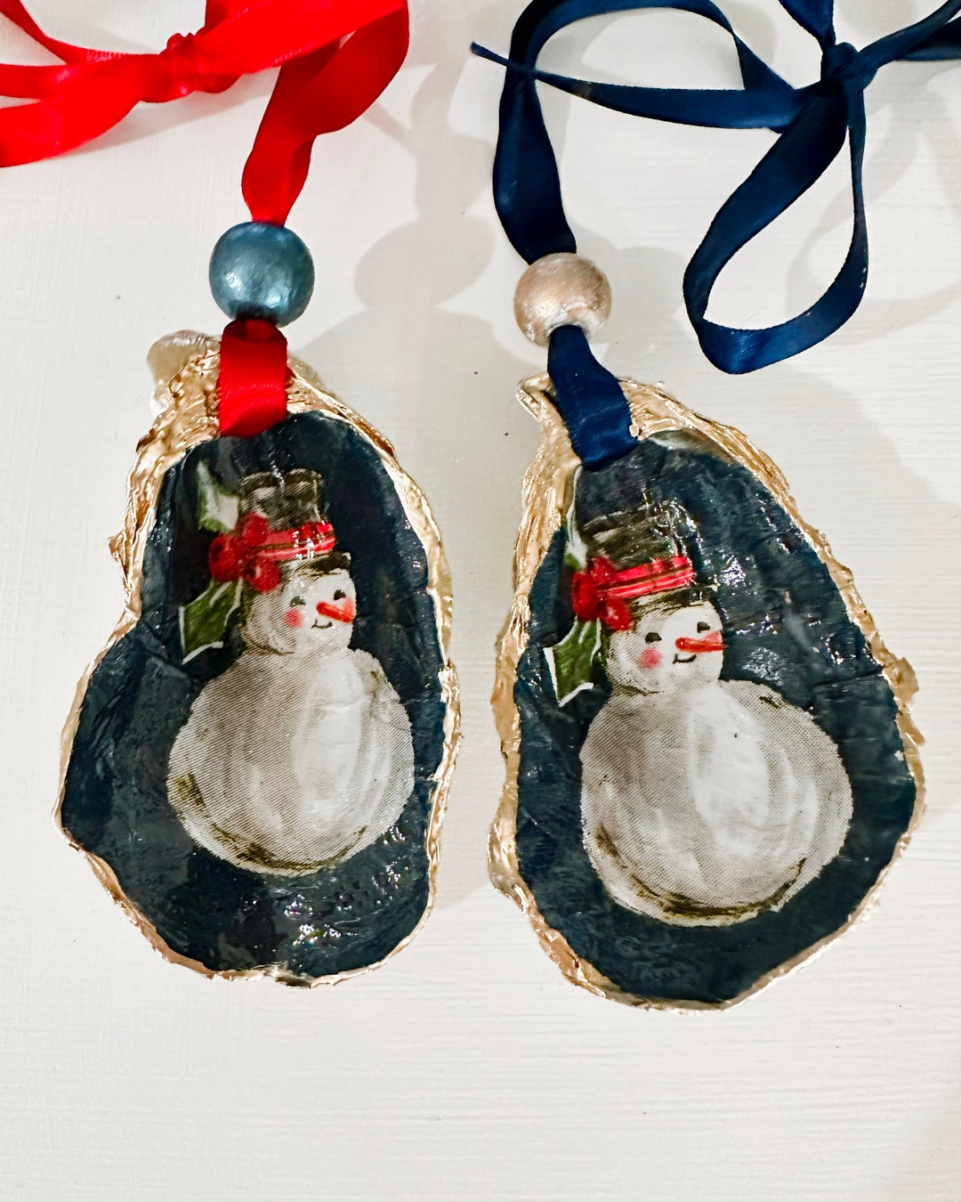 Snowman Oyster Shell Ornament Christmas Decor Blue Coastal Tree ...