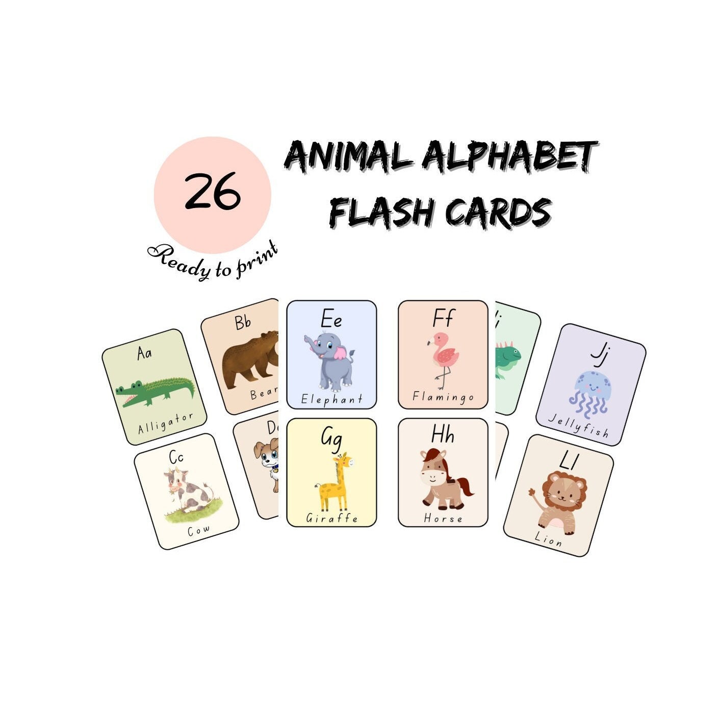 26 Animal Alphabet Flash Card for Preschoolers Pre-school Cards ...