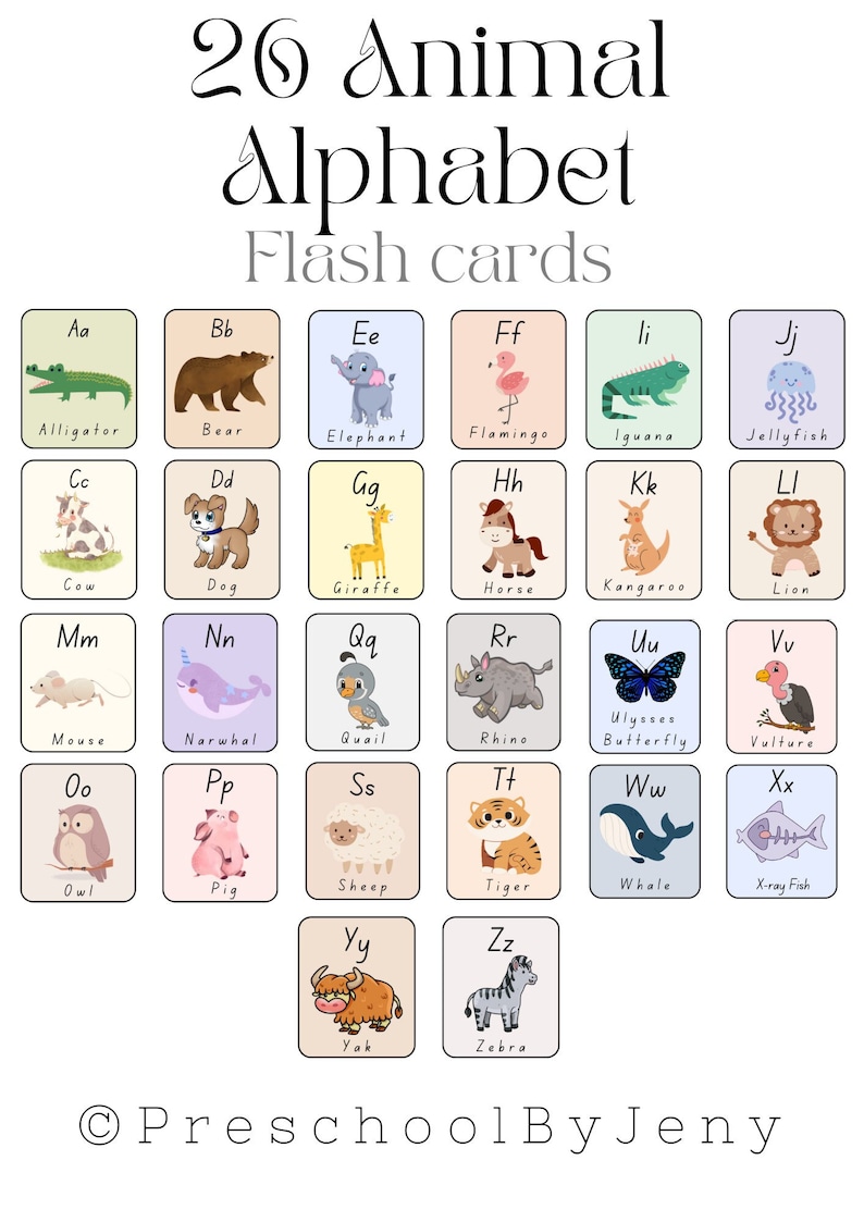 26 Animal Alphabet Flash Card for Preschoolers Pre-school Cards ...