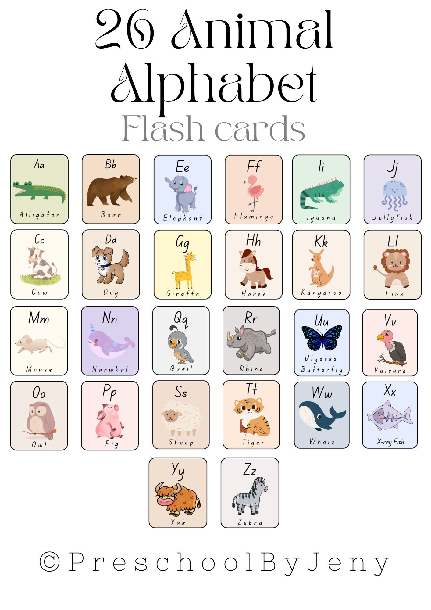 26 Animal Alphabet Flash Card for Preschoolers Pre-school Cards ...